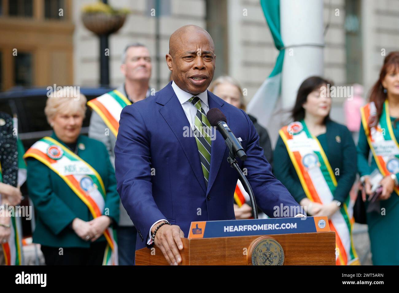 Bowling Green Park, New York, USA, March 15, 2024 - Mayor Eric Adams ...