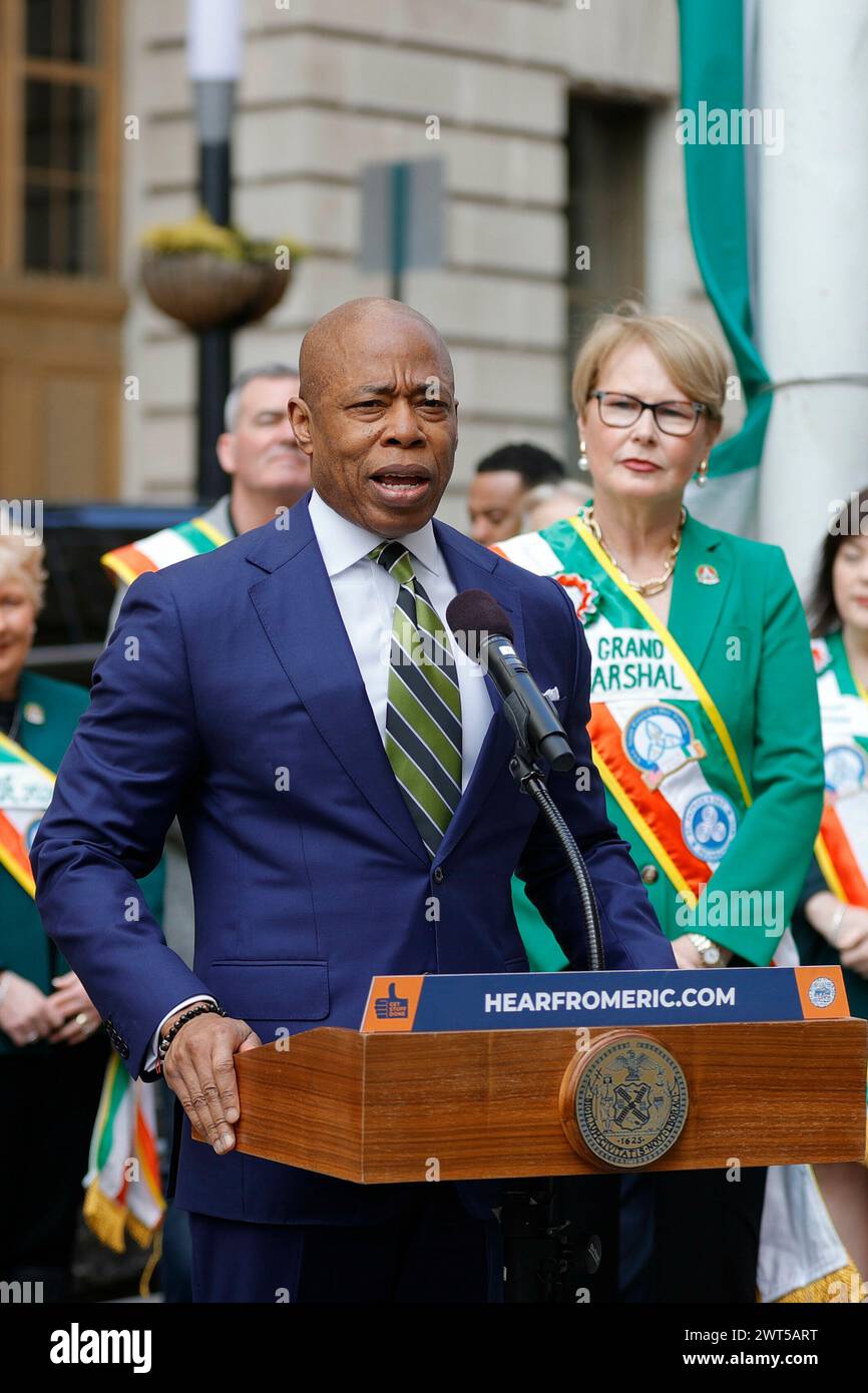 Bowling Green Park, New York, USA, March 15, 2024 - Mayor Eric Adams ...