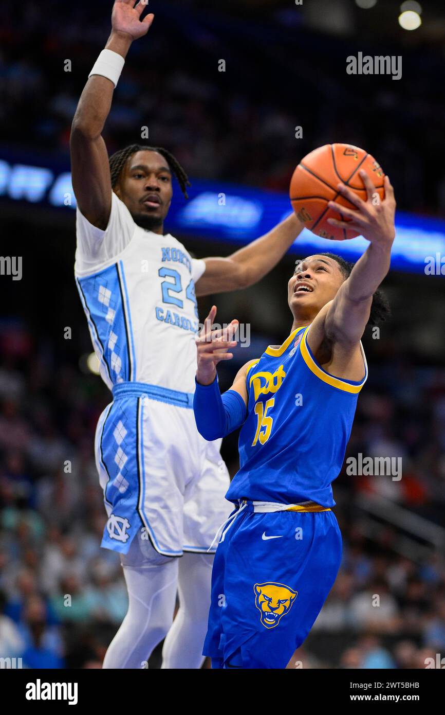 Pittsburgh guard Jaland Lowe (15) goes to the basket against North ...