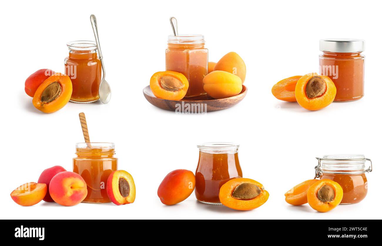 Set of sweet apricot jam on white background Stock Photo - Alamy