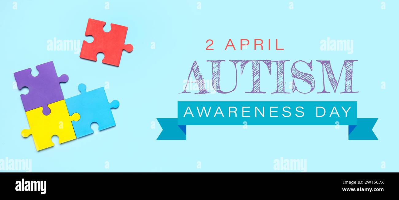 Jigsaw puzzle pieces and text AUTISM AWARENESS DAY on light blue ...
