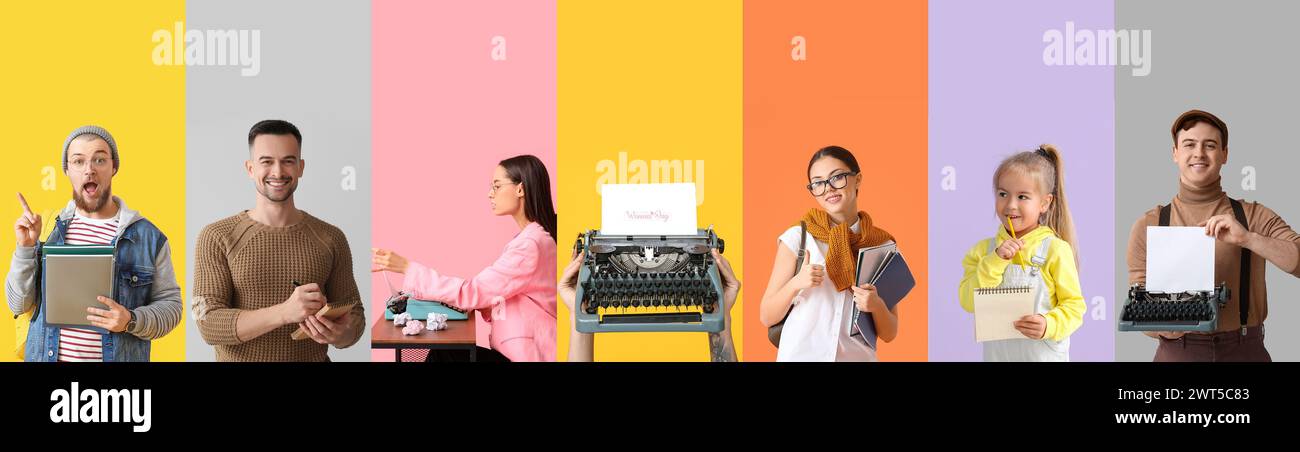 Collage of writers and vintage typewriter on color background Stock ...