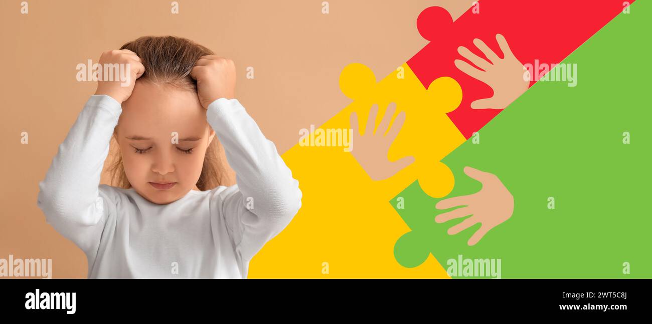 Sad little girl with autistic disorder on color background with space ...