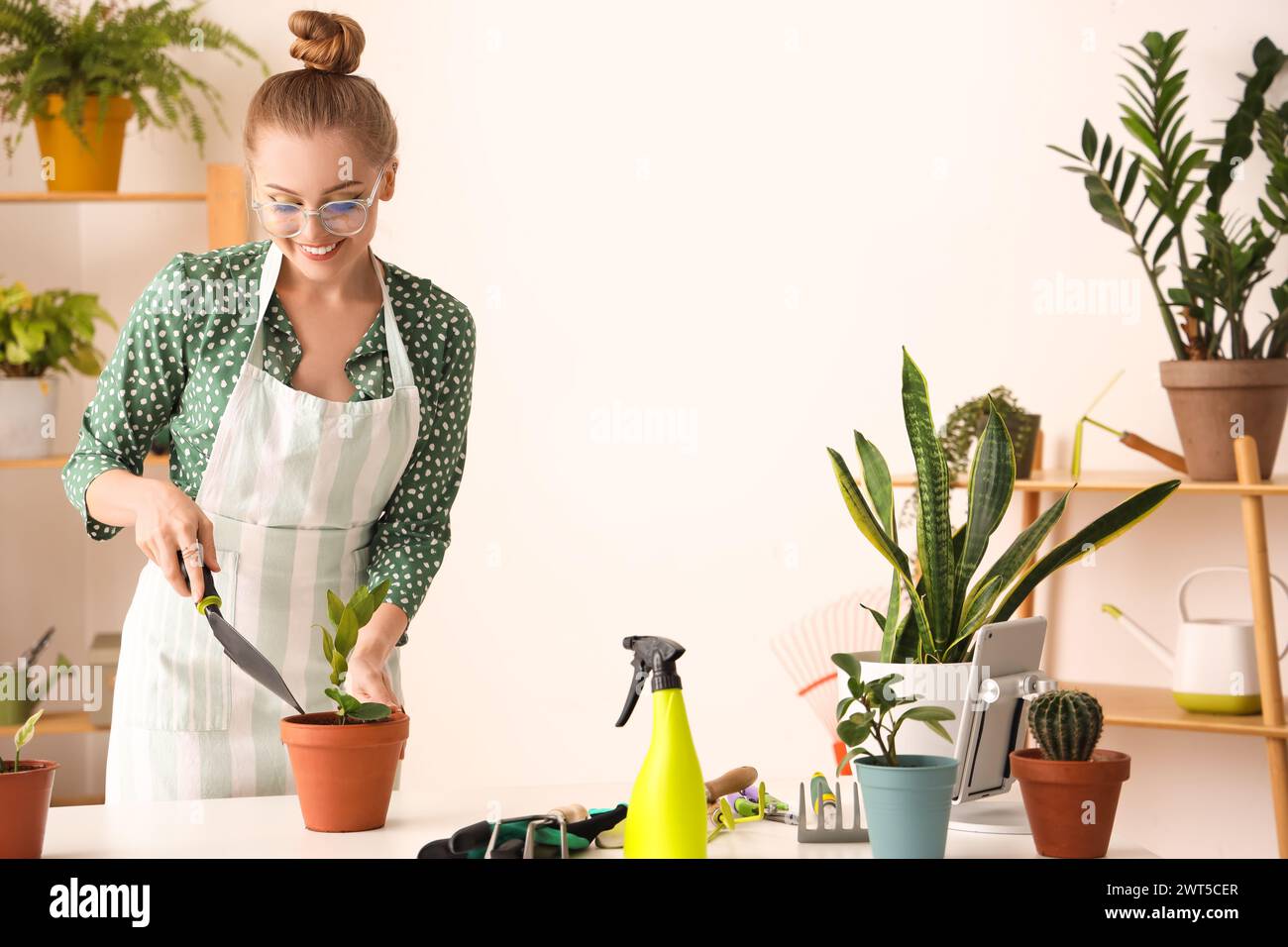 Female gardener with shovel and plant at home Stock Photo - Alamy
