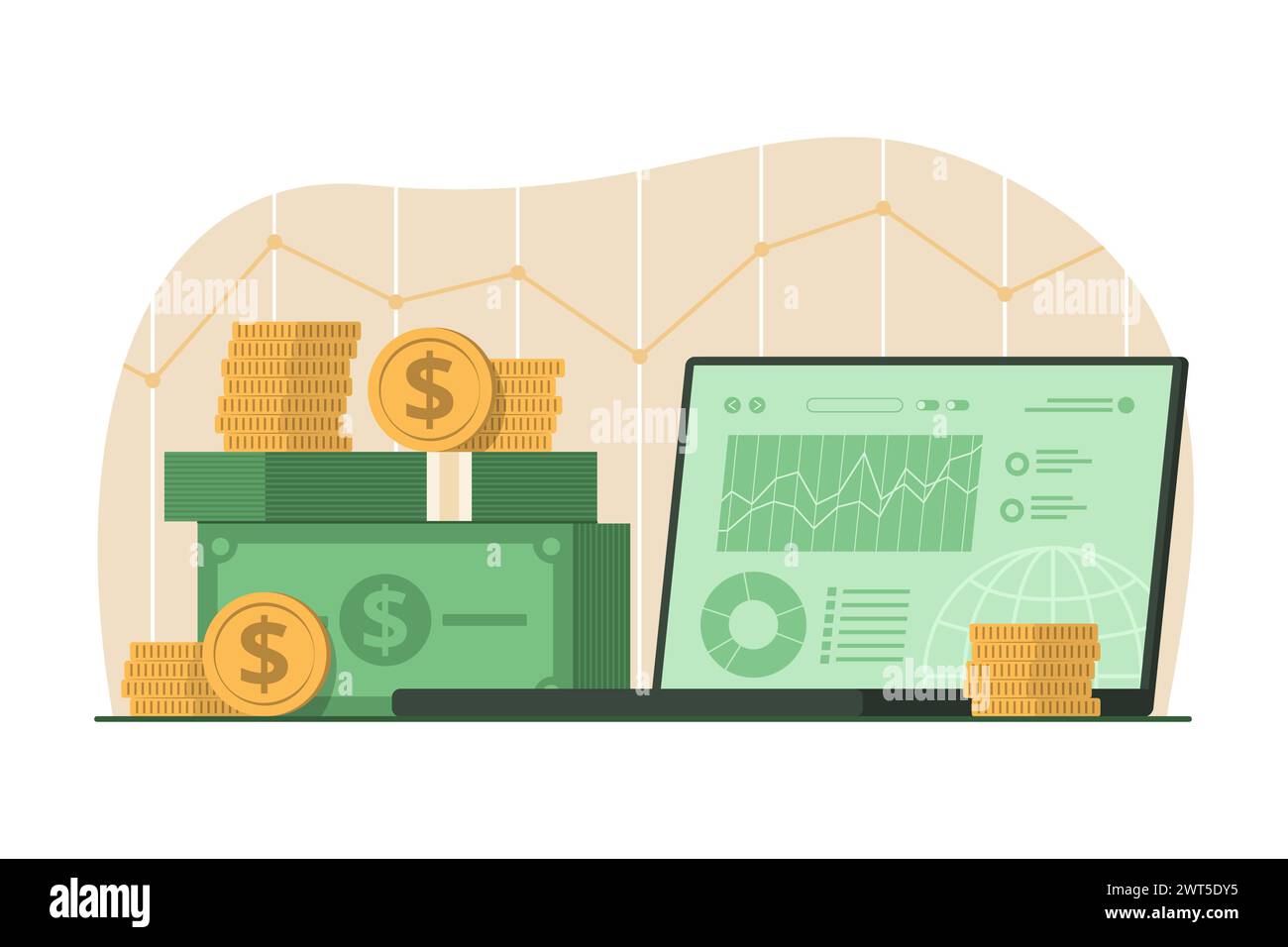Pile of Cash Money and Laptop Computer with Trading Graph Report for ...