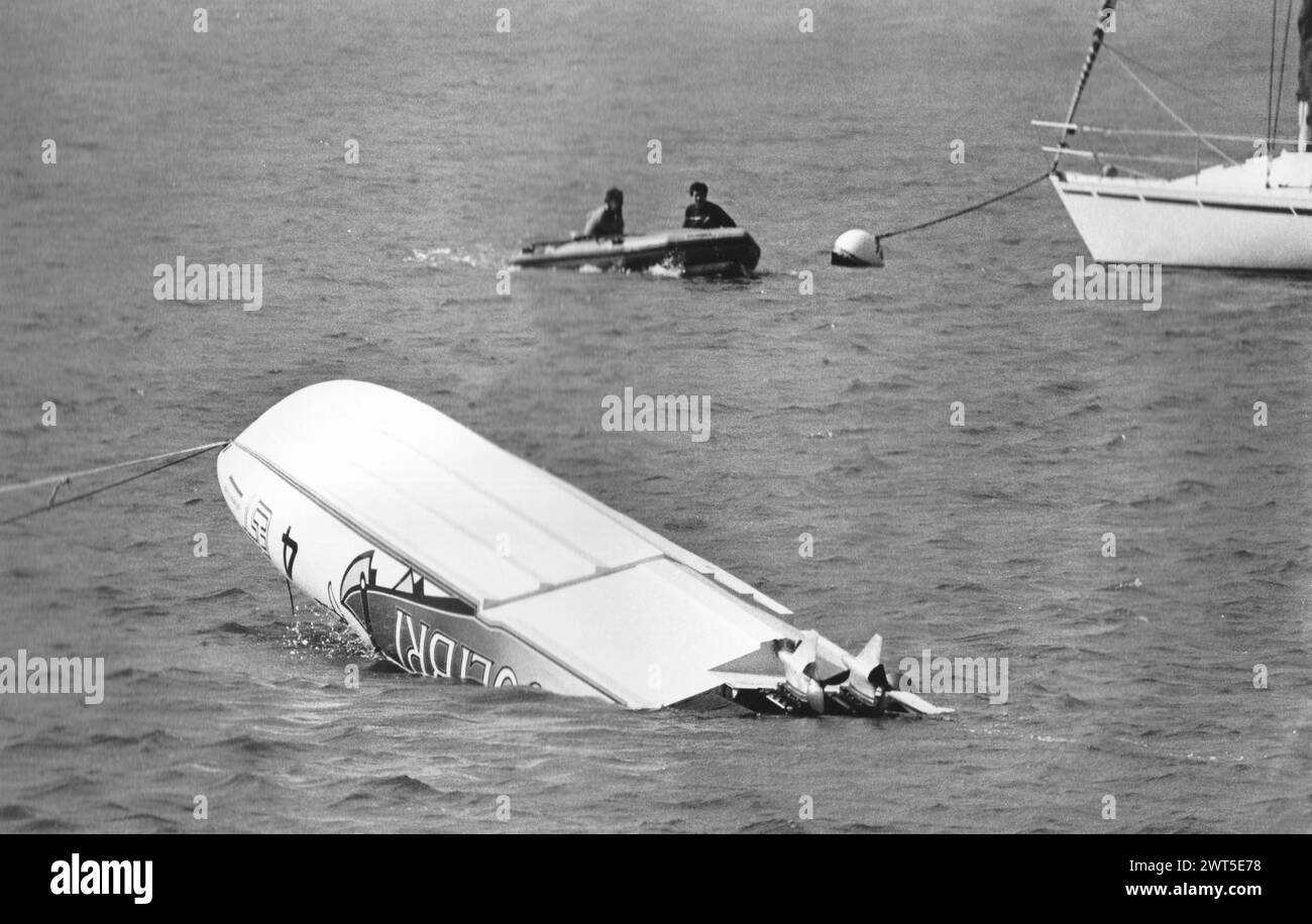 THE OVERTURNED POWER BOAT CALIBRI IN WHICH RACING DRIVER DIDIER PERONI ...