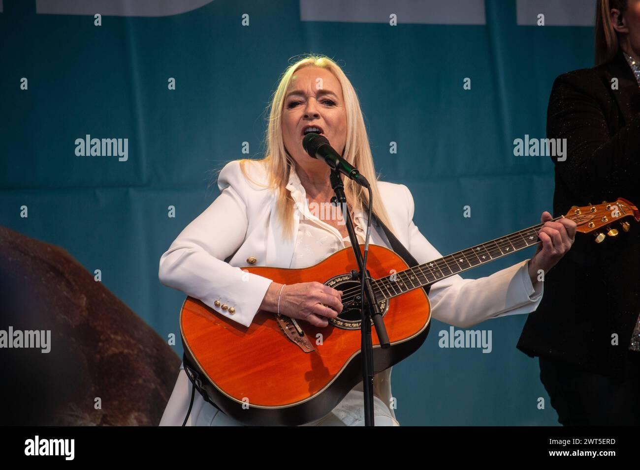 Musician and songwriter Anne Linnet performs on stage at a ...