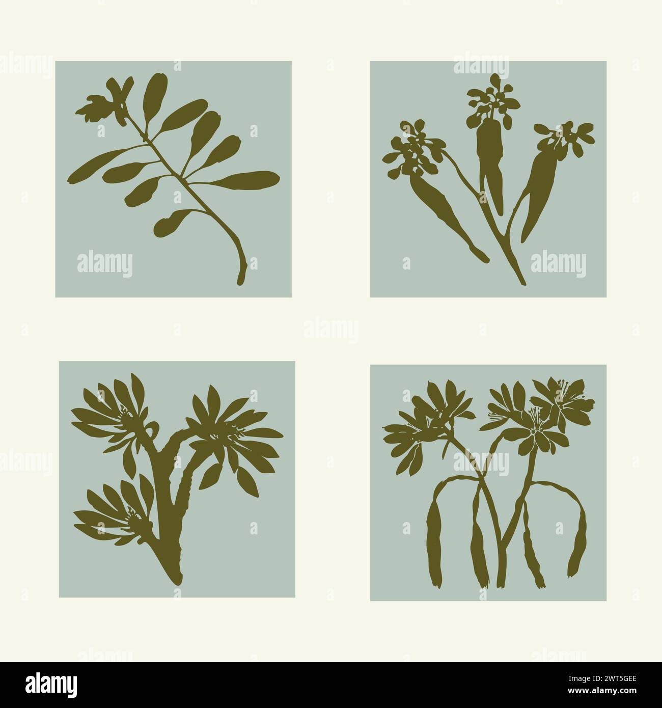 Handmade linocut pressed floral set vector motif clipart in whimsical ...
