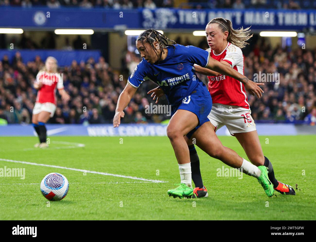 London, UK. 15th Mar, 2024. Lauren James of Chelsea (left) and Katie ...
