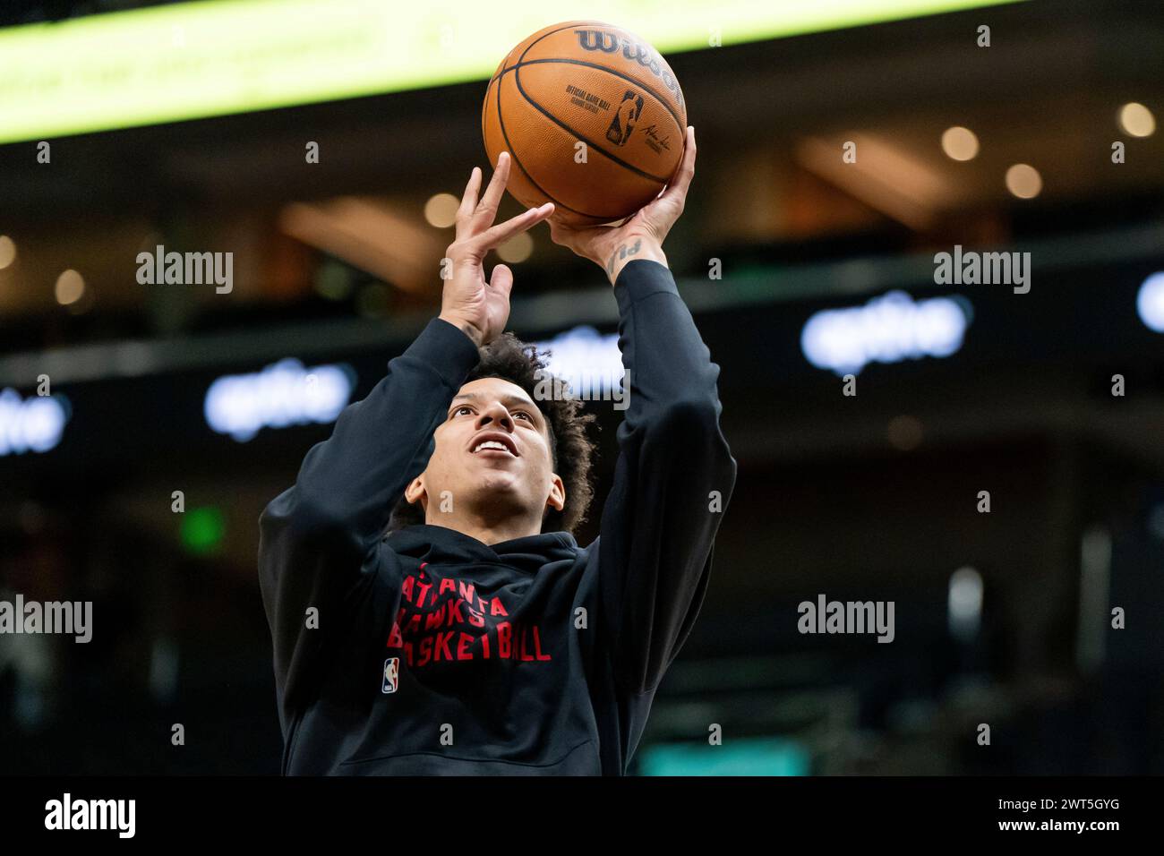 Atlanta Hawks forward Jalen Johnson warms up for the team's NBA ...