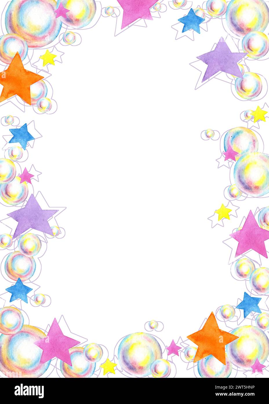 Watercolor illustration rectangular frame with soap bubbles, stars and ...