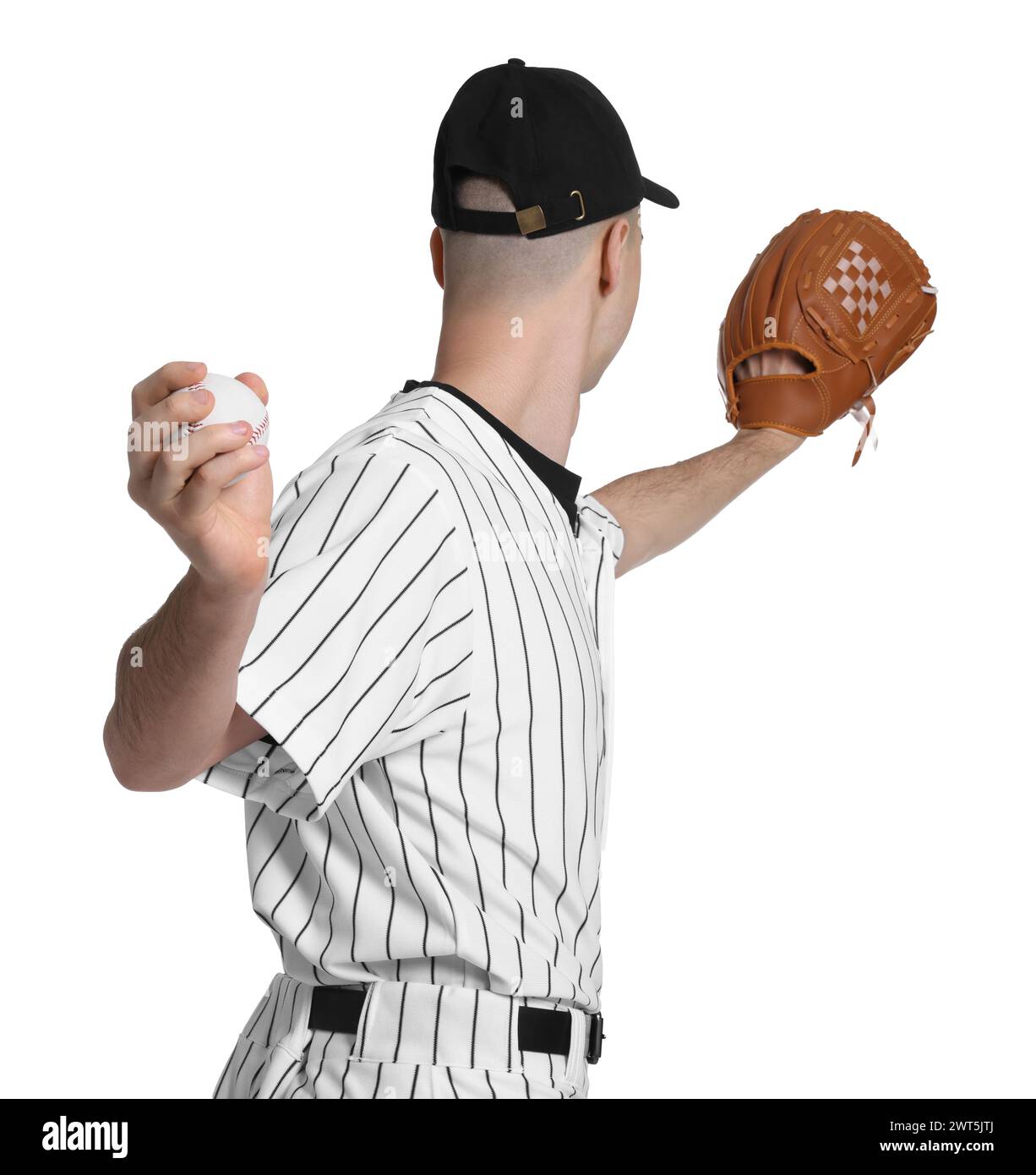 Baseball player throwing ball on white background, back view Stock ...