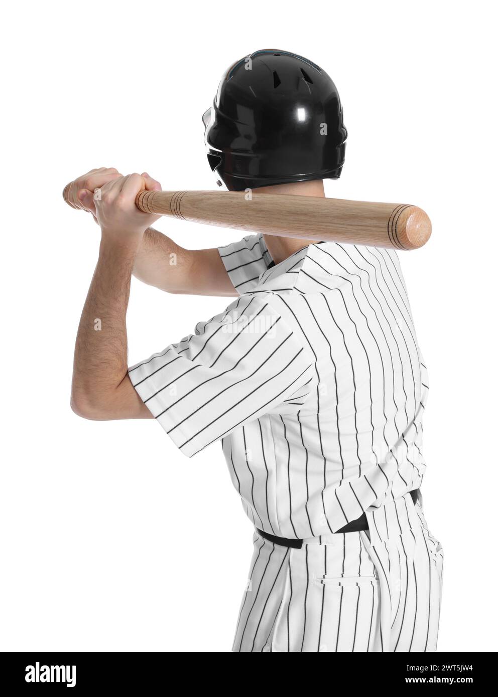 Baseball player taking swing with bat on white background, back view ...