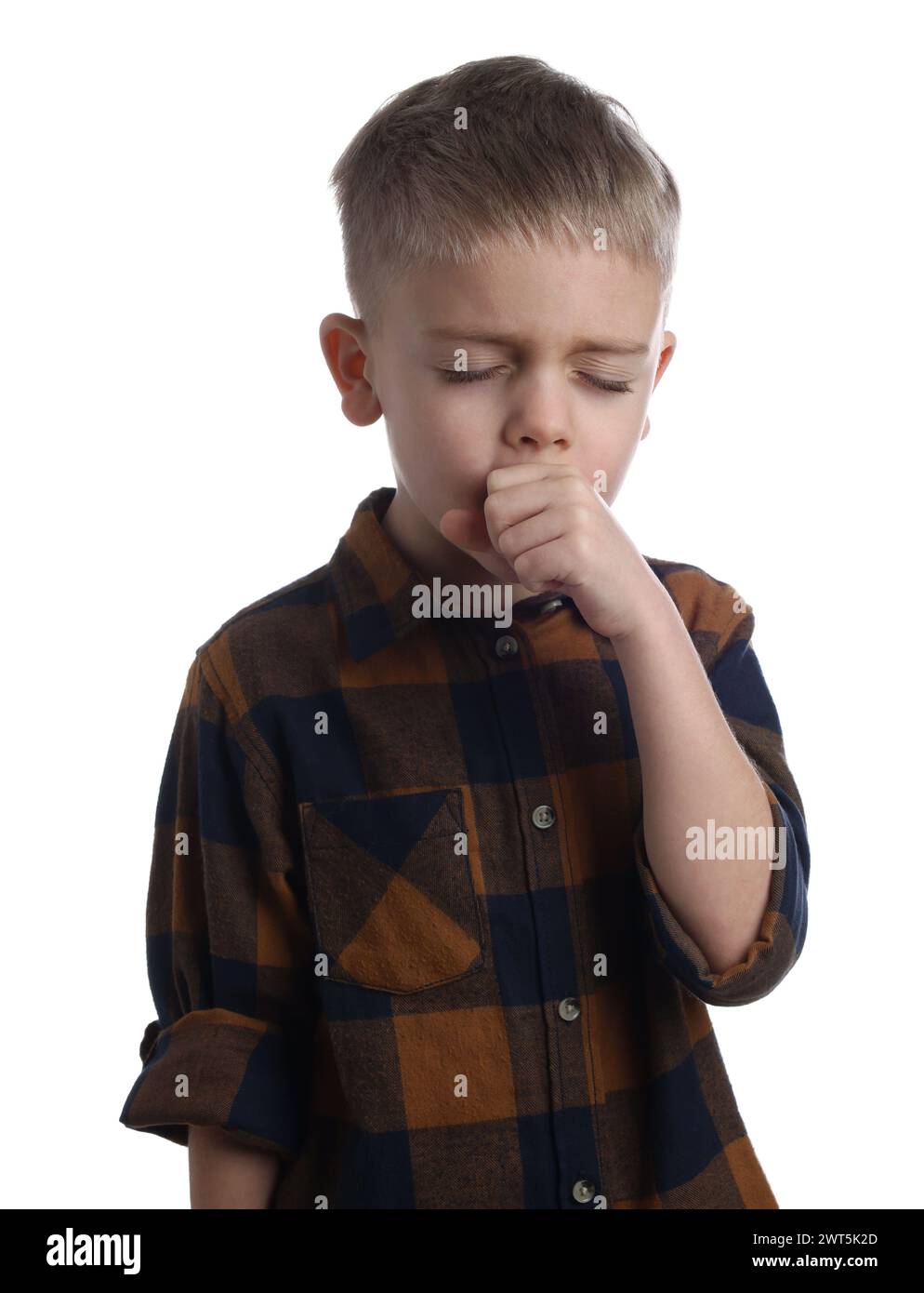 Sick boy coughing on white background. Cold symptoms Stock Photo - Alamy
