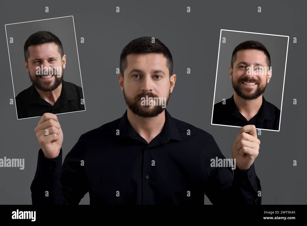 Man holding his photo portraits showing different emotions on grey ...