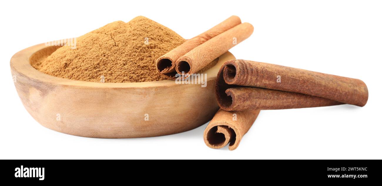 Dry aromatic cinnamon sticks and powder isolated on white Stock Photo ...