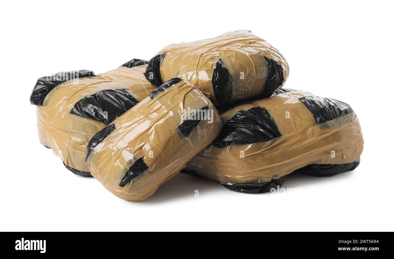 Packages with narcotics isolated on white. Drug addiction Stock Photo ...