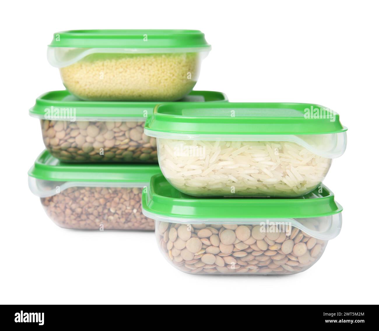 Plastic containers filled with food products isolated on white Stock ...