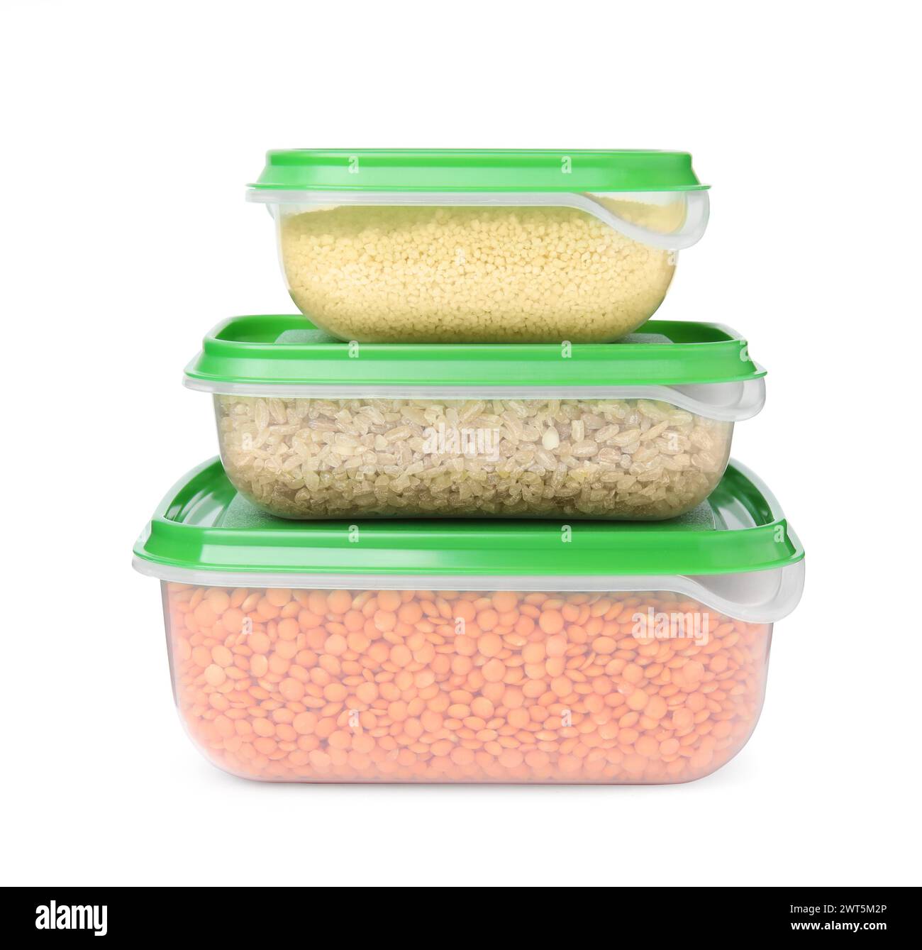 Plastic containers filled with food products isolated on white Stock ...