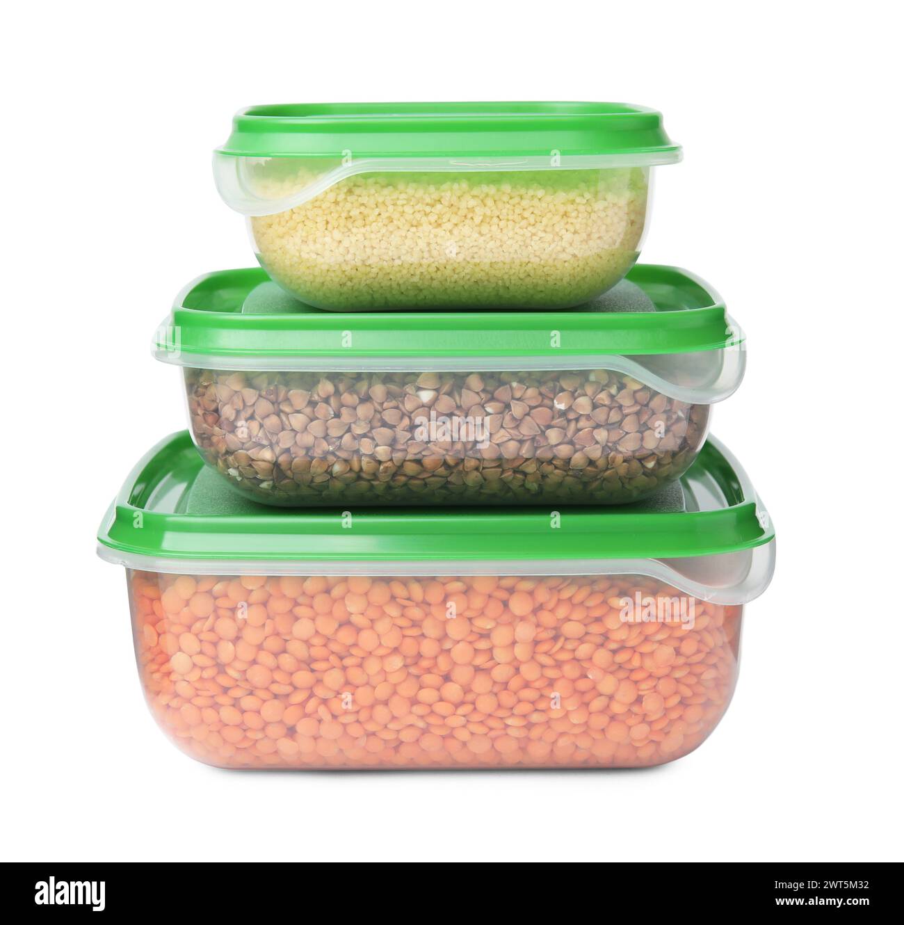 Plastic containers filled with food products isolated on white Stock ...