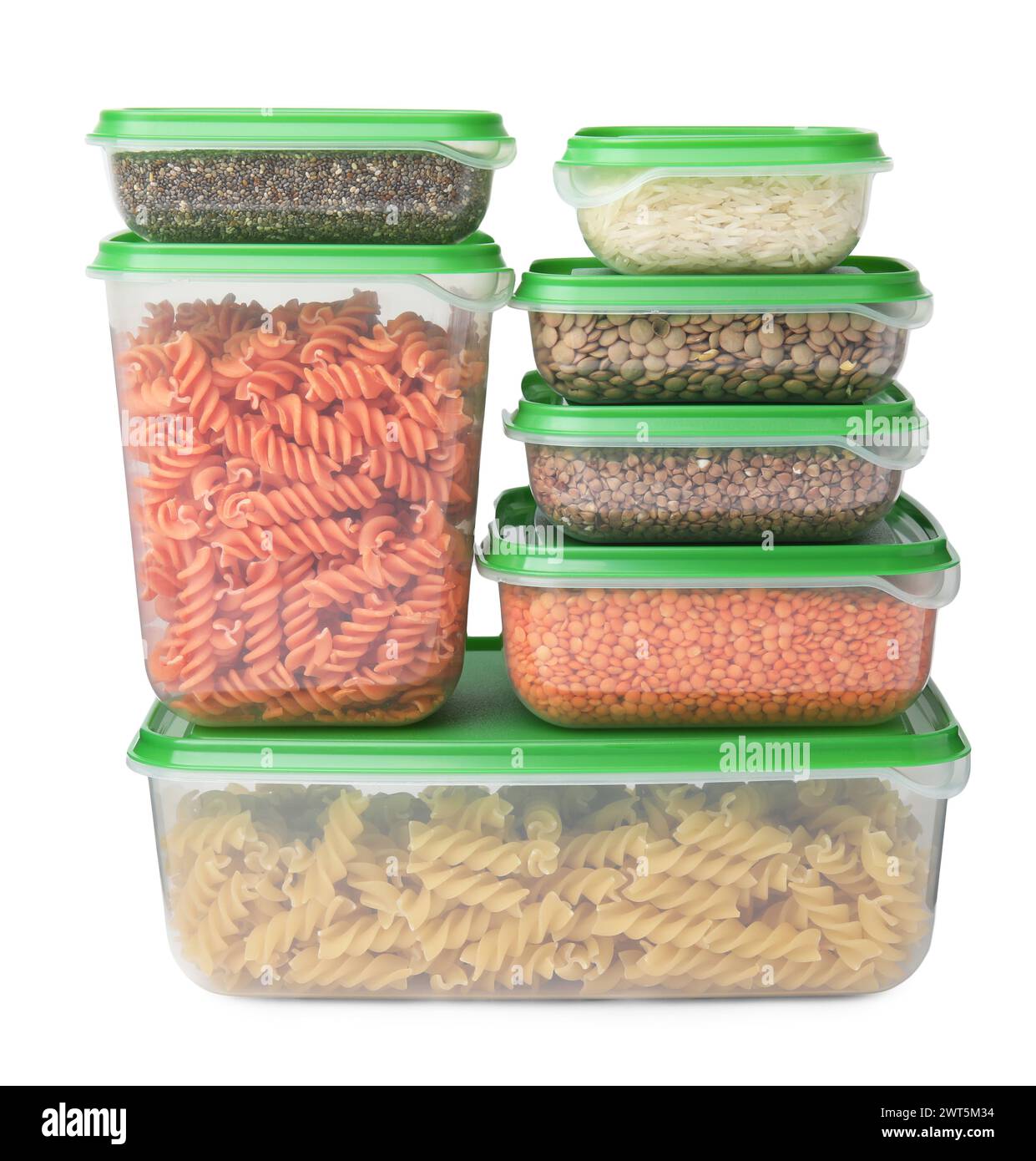 Plastic containers filled with food products isolated on white Stock ...