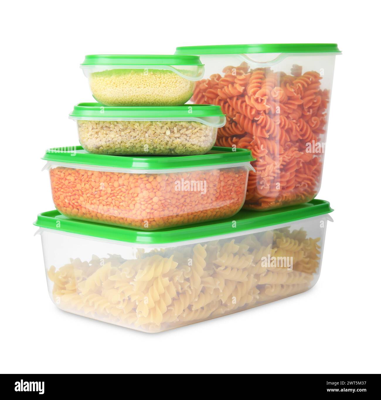 Plastic containers filled with food products isolated on white Stock ...