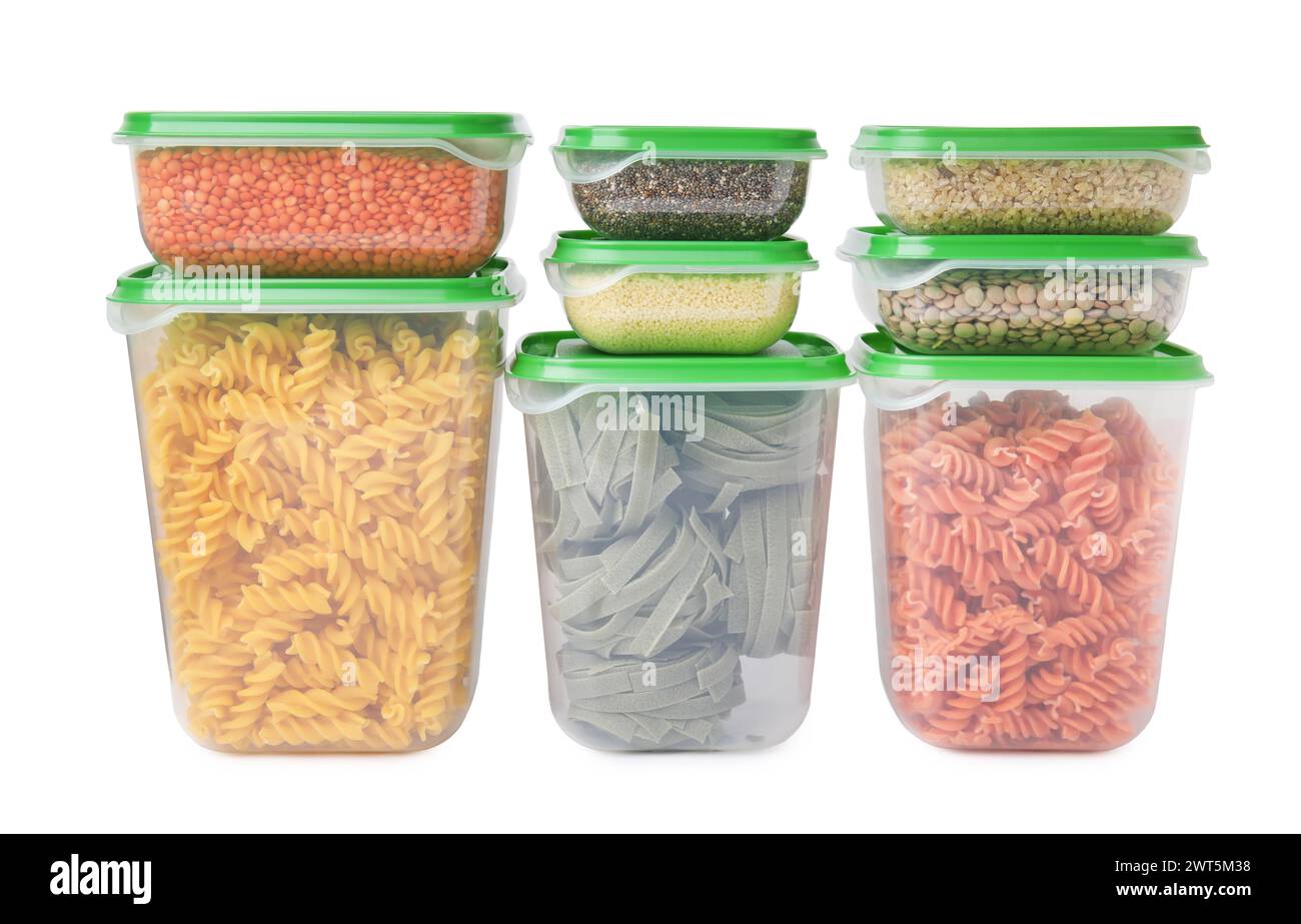 Plastic containers filled with food products isolated on white Stock ...