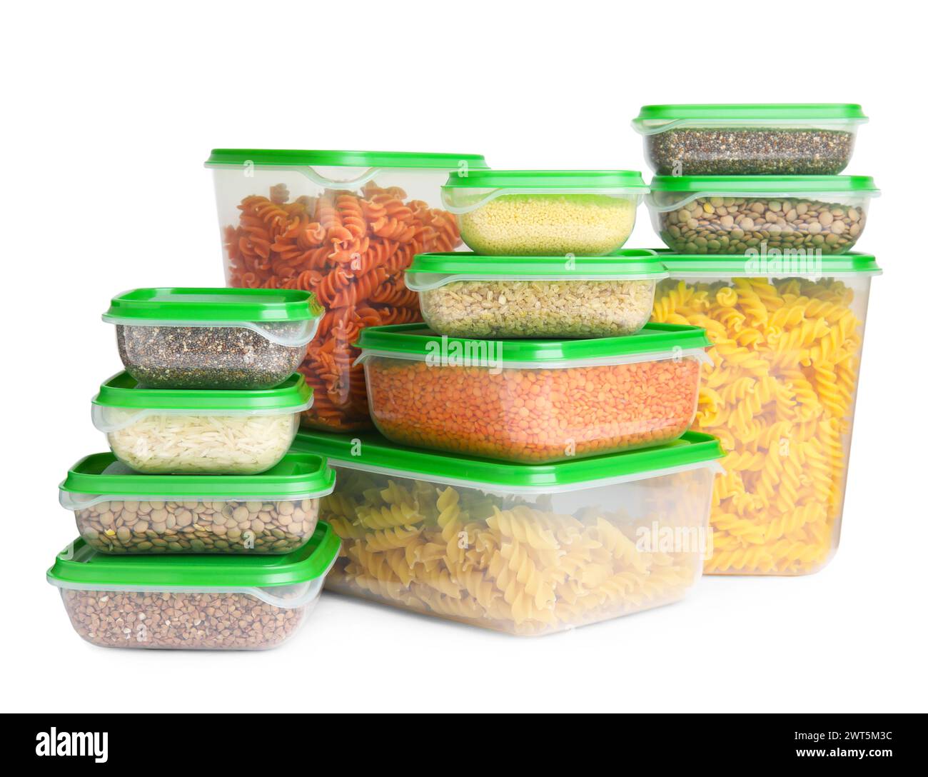 Plastic containers filled with food products isolated on white Stock ...