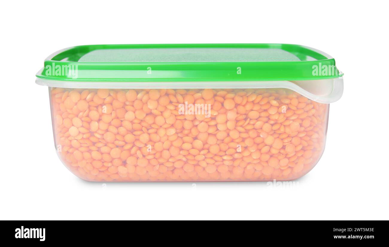 Plastic container filled with red lentils isolated on white Stock Photo ...