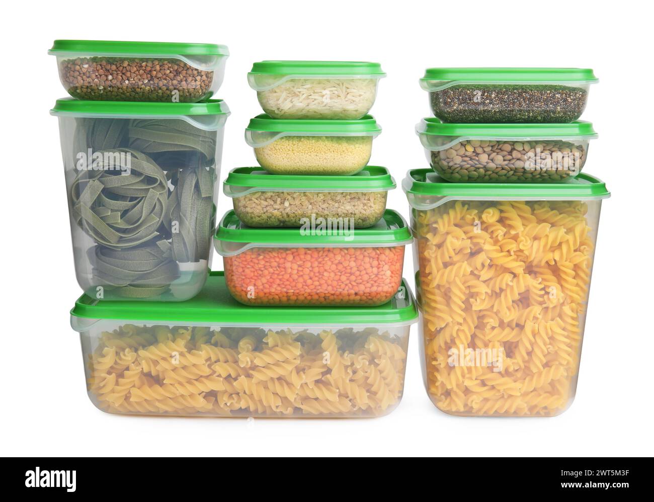 Plastic containers filled with food products isolated on white Stock ...