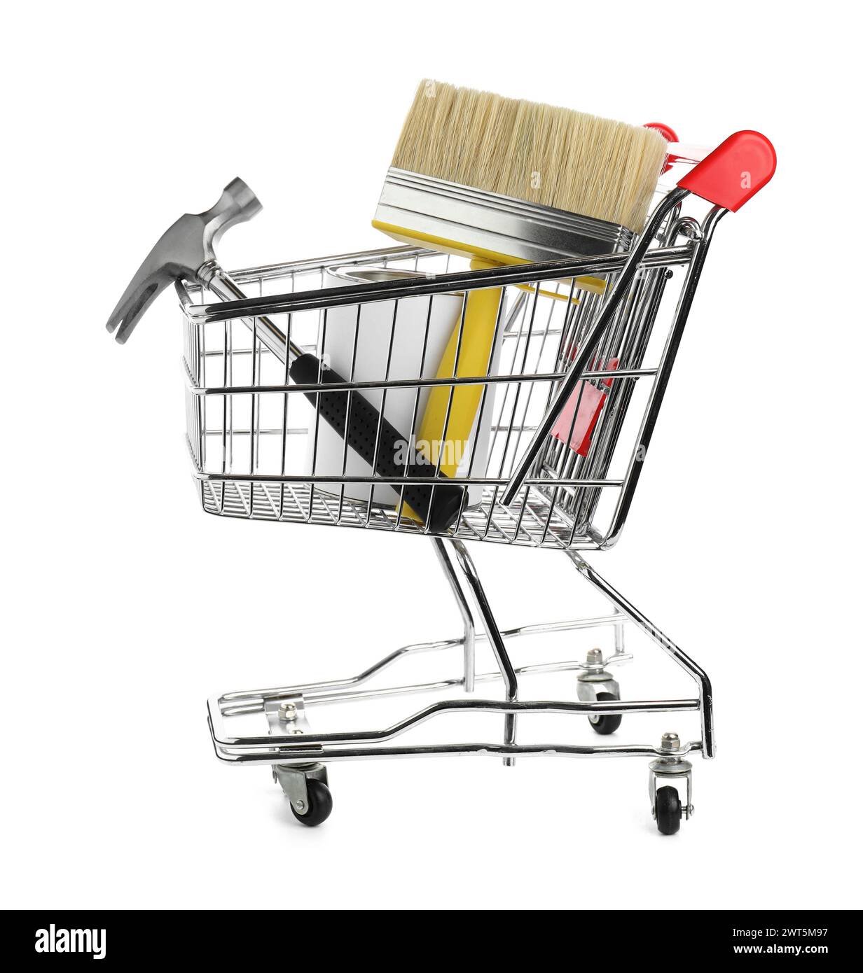 Small shopping cart with paint and renovation equipment isolated on ...