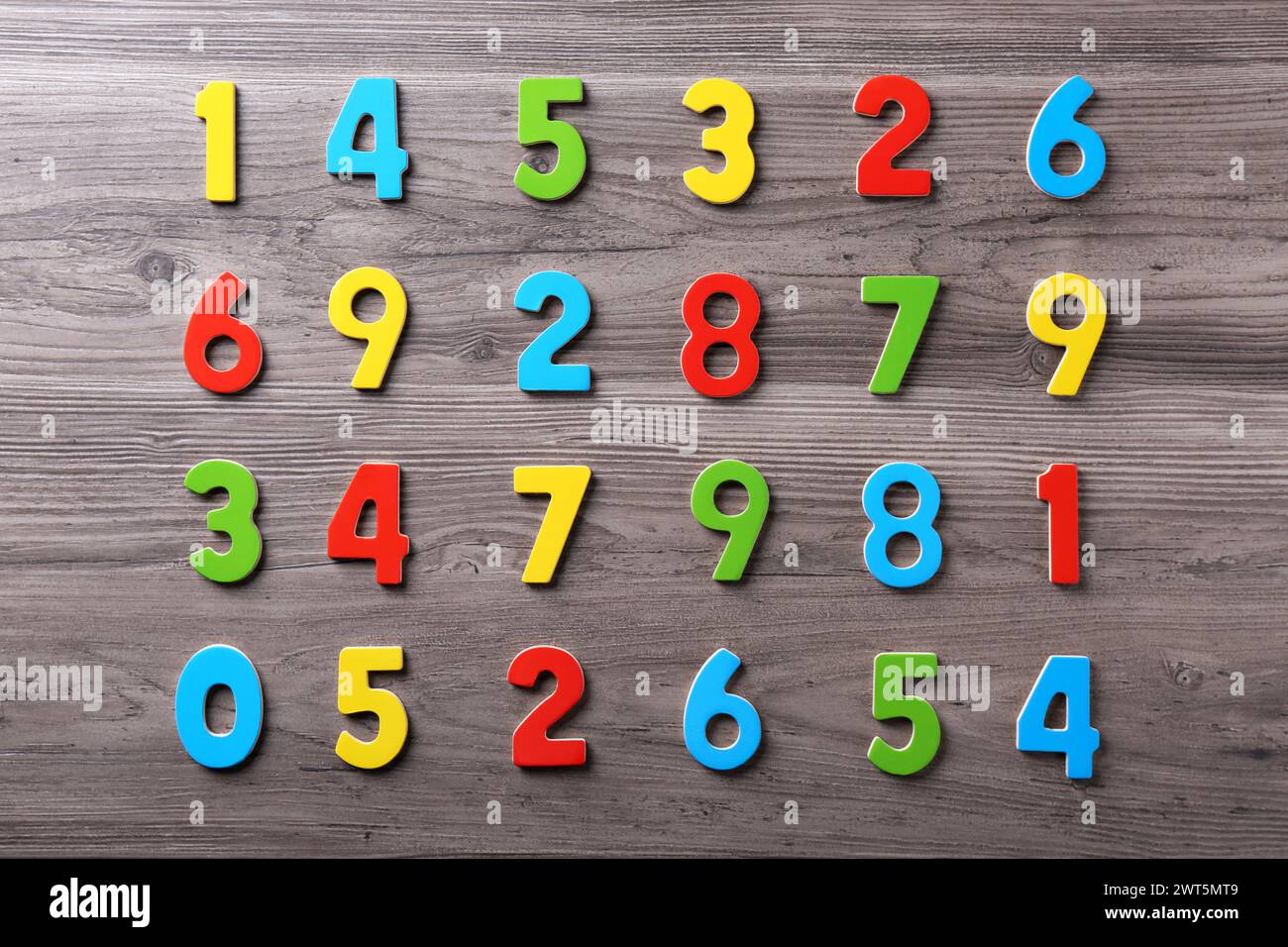 Colorful numbers on wooden school desk, flat lay Stock Photo - Alamy