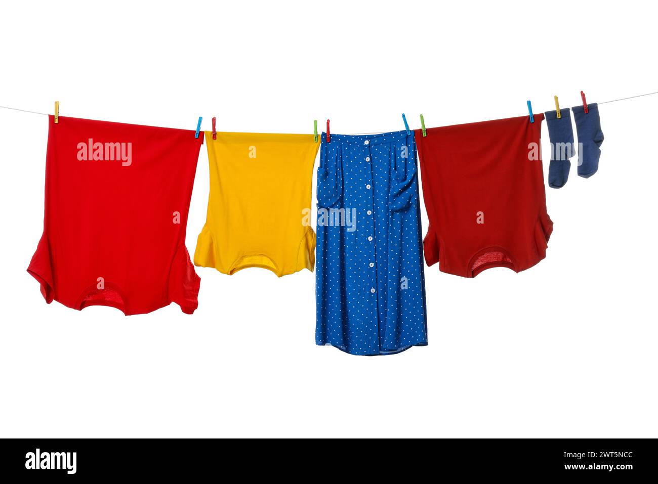 Different clothes drying on laundry line against white background Stock ...