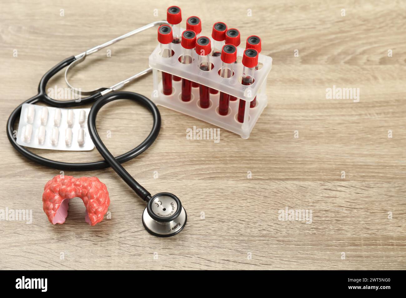Endocrinology. Stethoscope, model of thyroid gland, pills and blood ...