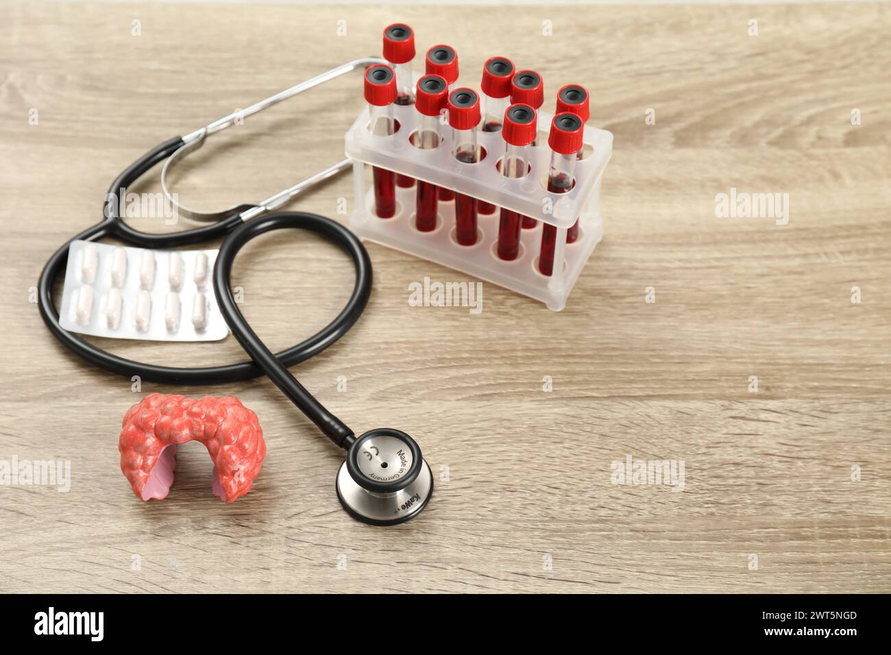 Endocrinology. Stethoscope, model of thyroid gland, pills and blood ...
