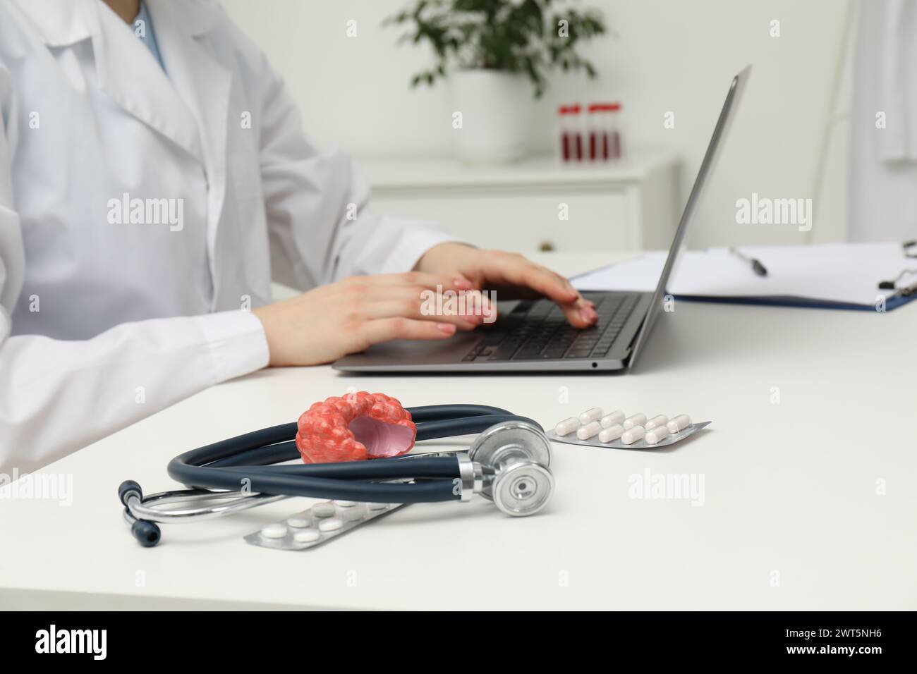 Endocrinologist working at table, focus on stethoscope and model of ...