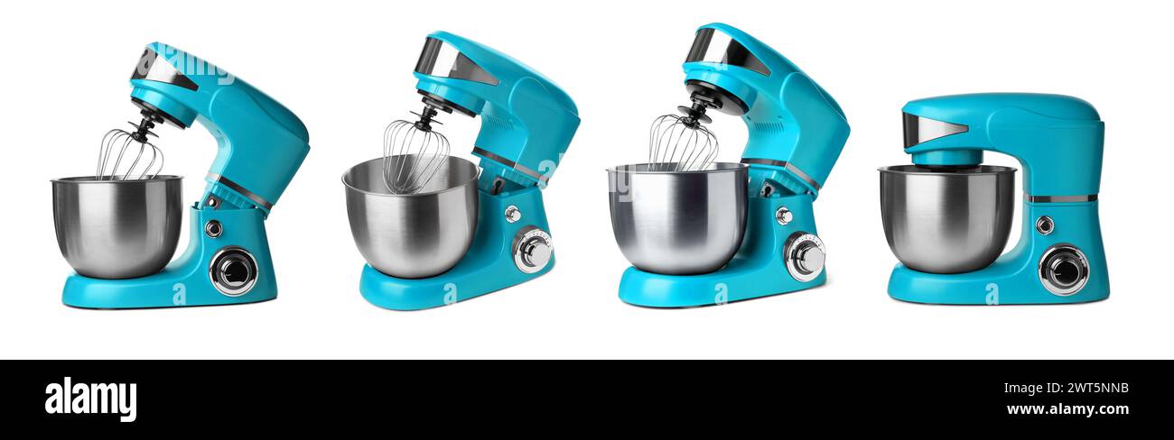 Light blue stand mixers isolated on white, set Stock Photo - Alamy