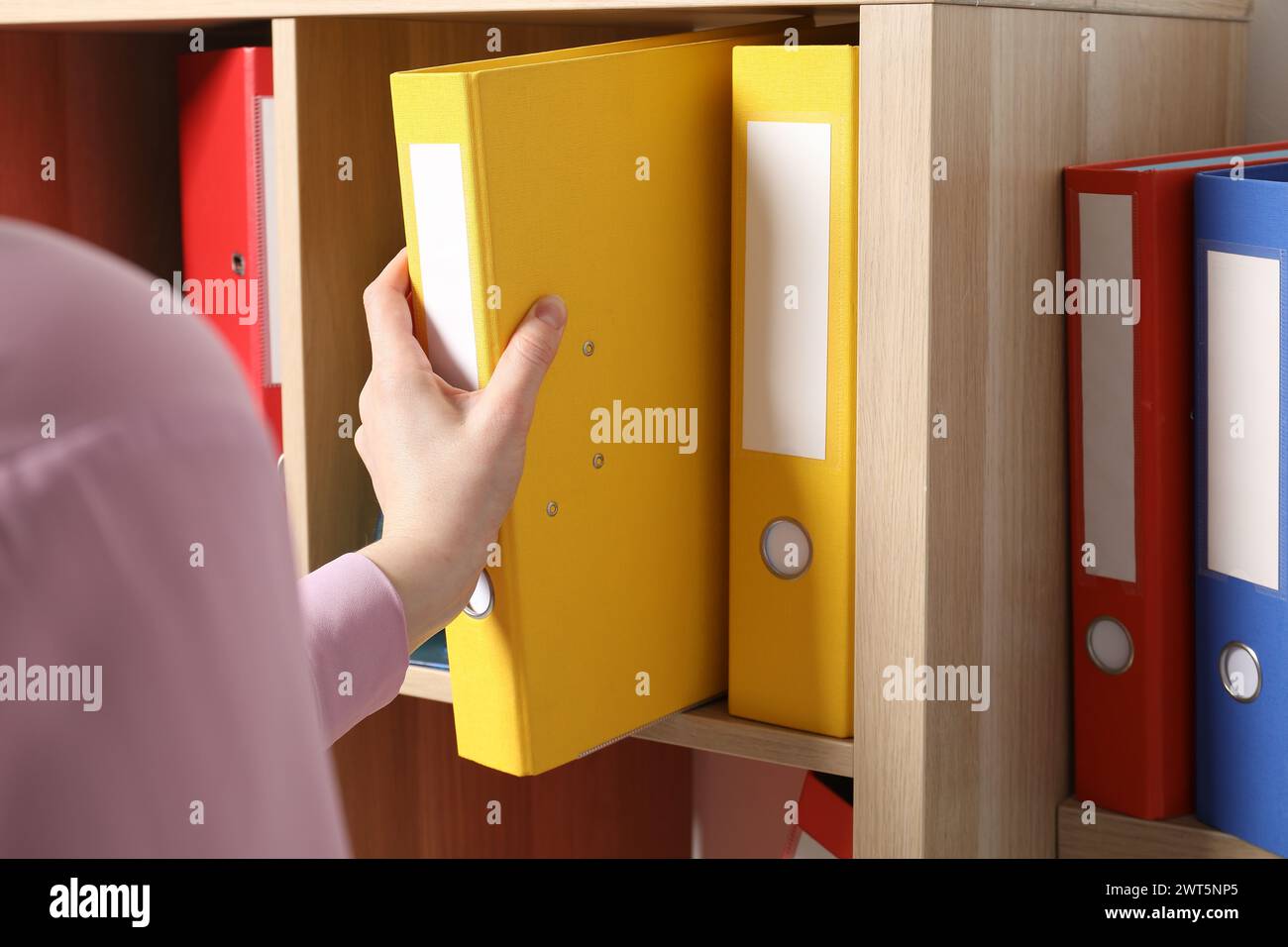Woman taking binder office folder from shelving unit, closeup Stock ...