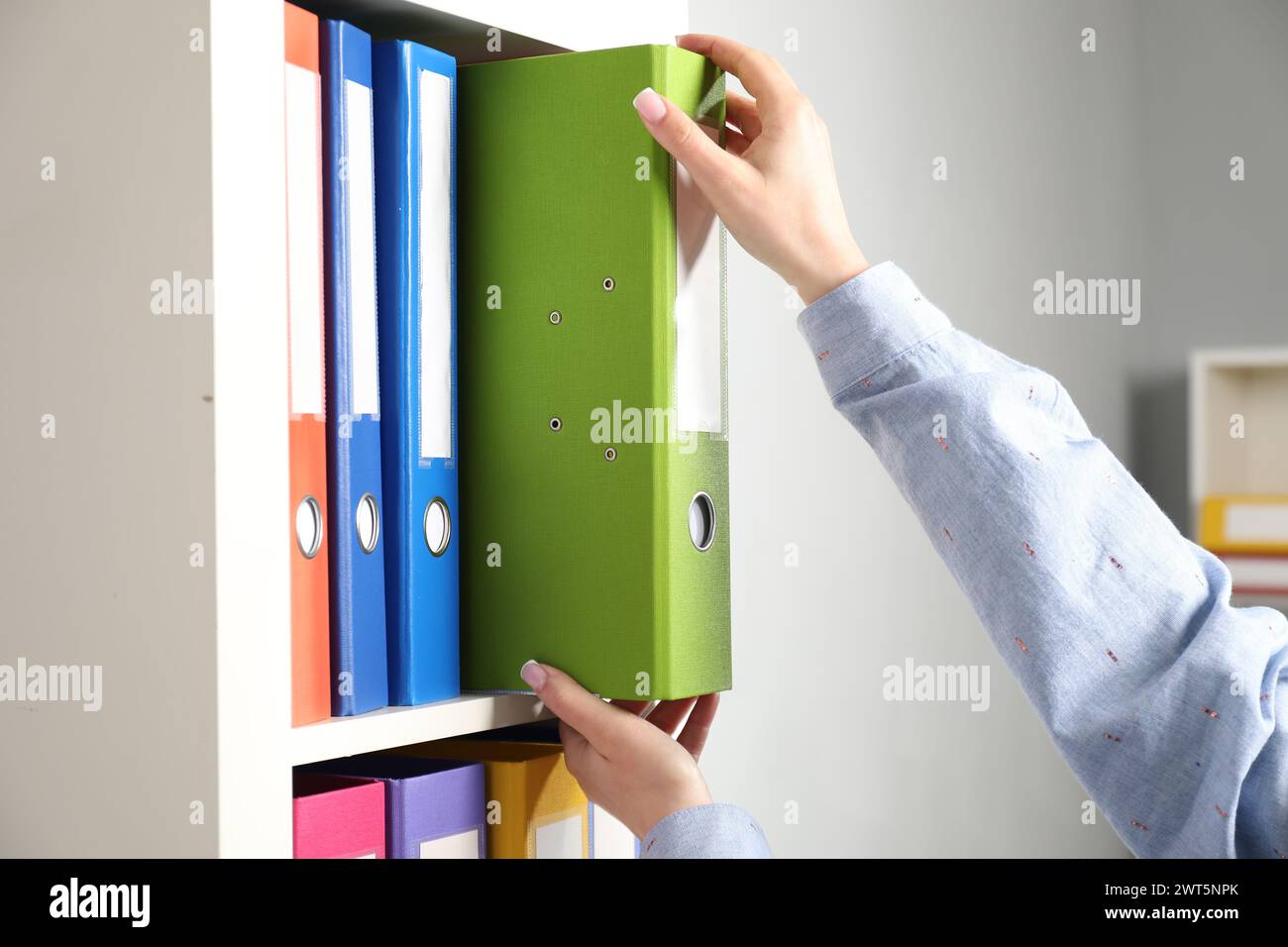 Woman taking binder office folder from shelving unit indoors, closeup ...