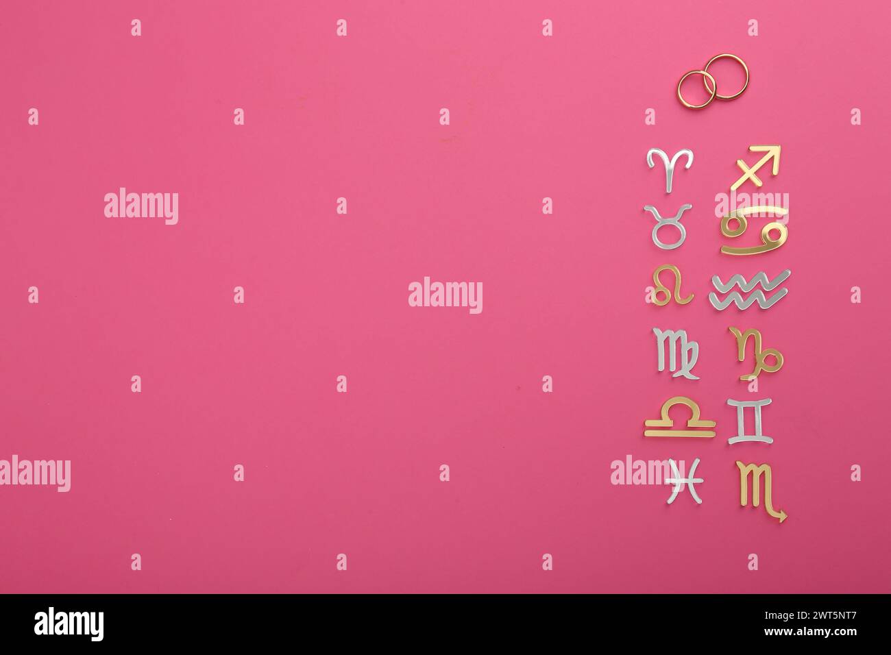 Zodiac compatibility. Signs with wedding rings on pink background, flat ...
