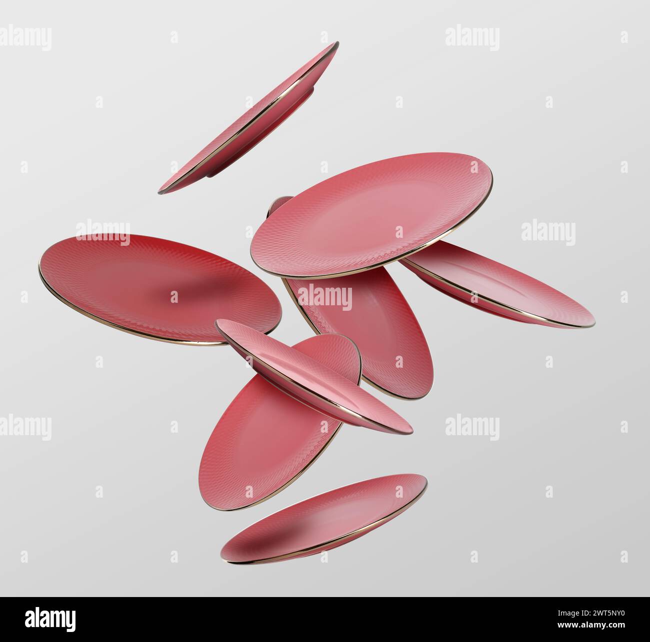 Clean ceramic plates falling on light grey background Stock Photo - Alamy