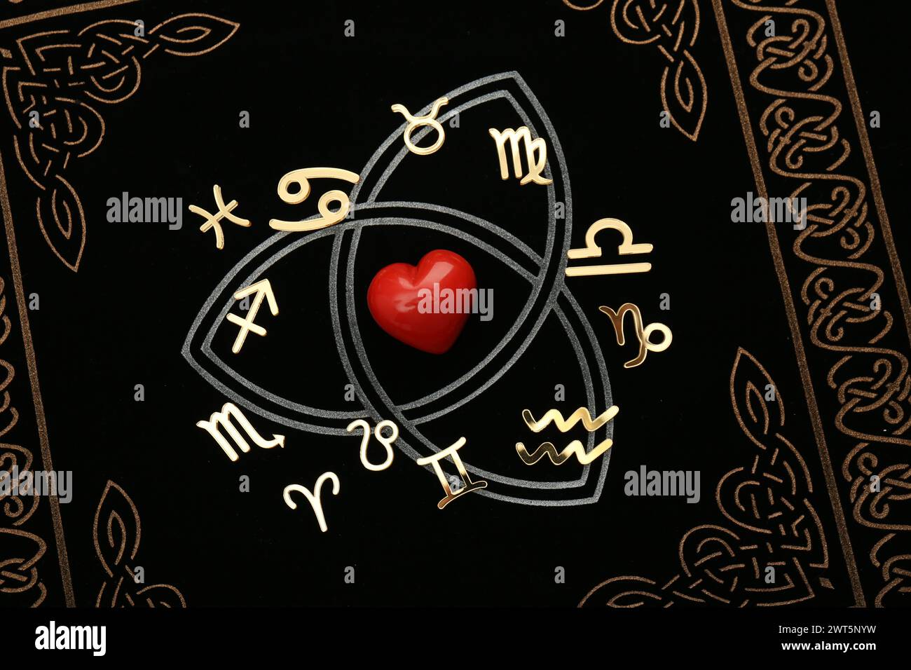 Zodiac signs and red heart on book, flat lay Stock Photo - Alamy