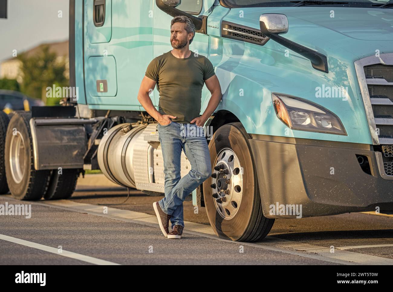 Man owner truck driver near truck. man driver near lorry truck. Semi ...
