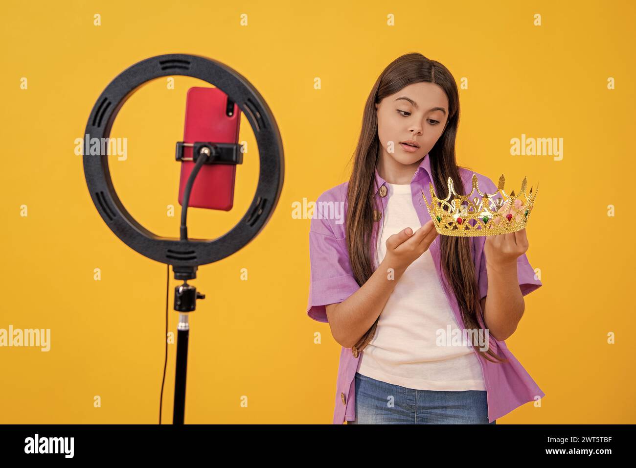 selfish teen girl influencer with crown isolated on yellow. teen girl ...