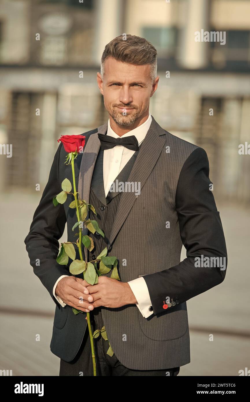 proposal concept. black tuxedo man prepare for proposal. handsome man ...
