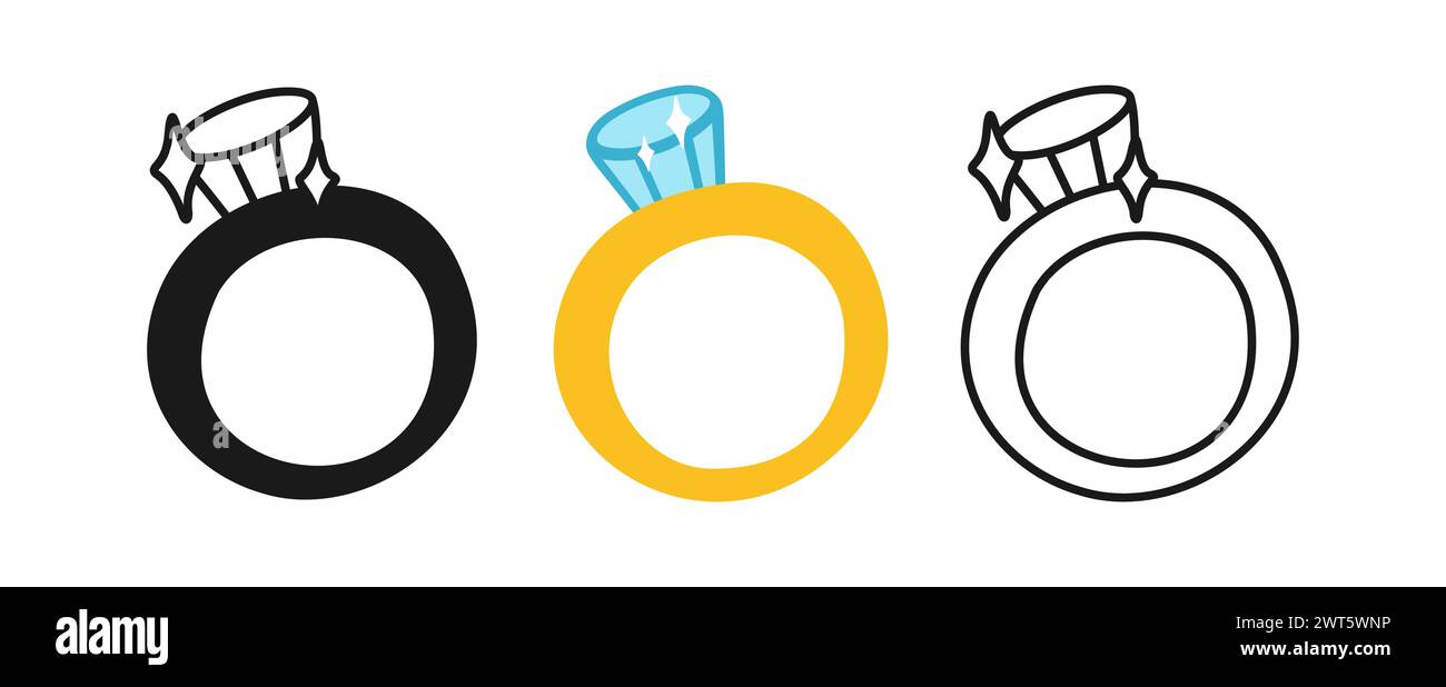 Engagement ring line icon, cartoon symbol set. Marriage concept Wedding ...