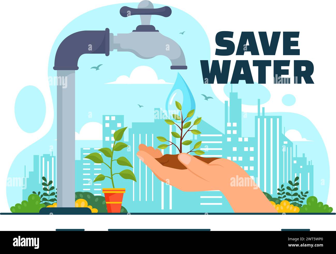 Water Saving Vector Illustration for Mineral Savings Campaign and ...