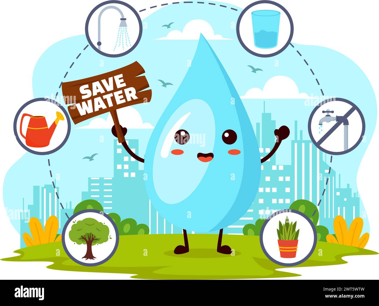 Water Saving Vector Illustration for Mineral Savings Campaign and ...