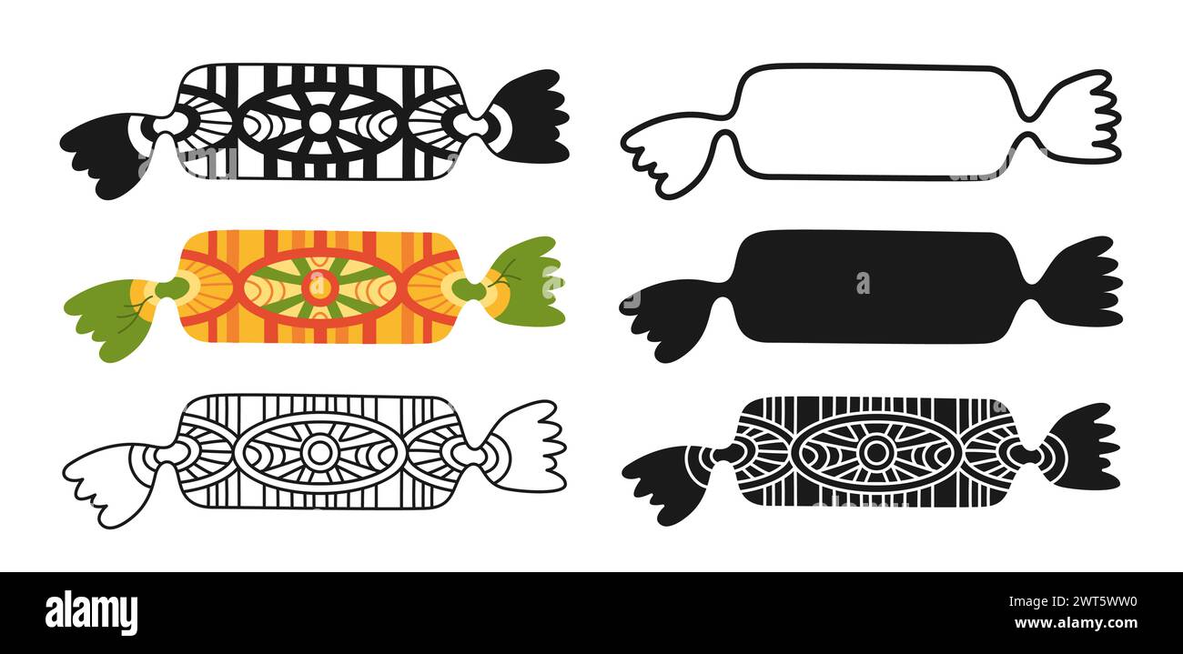 Wrapped candy with doodle ornament. Cartoon symbol bonbon, stamp ...