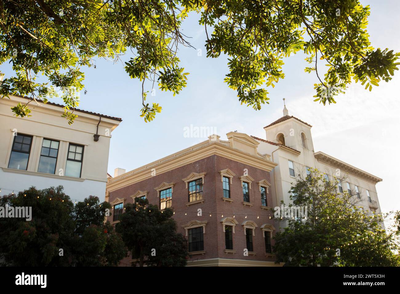 Afternoon light shines on the historic buildings of downtown San Luis ...